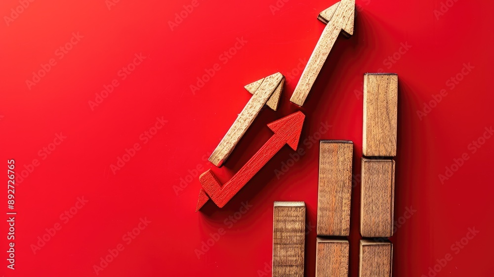 Red background with wooden blocks showing a declining graph and ...