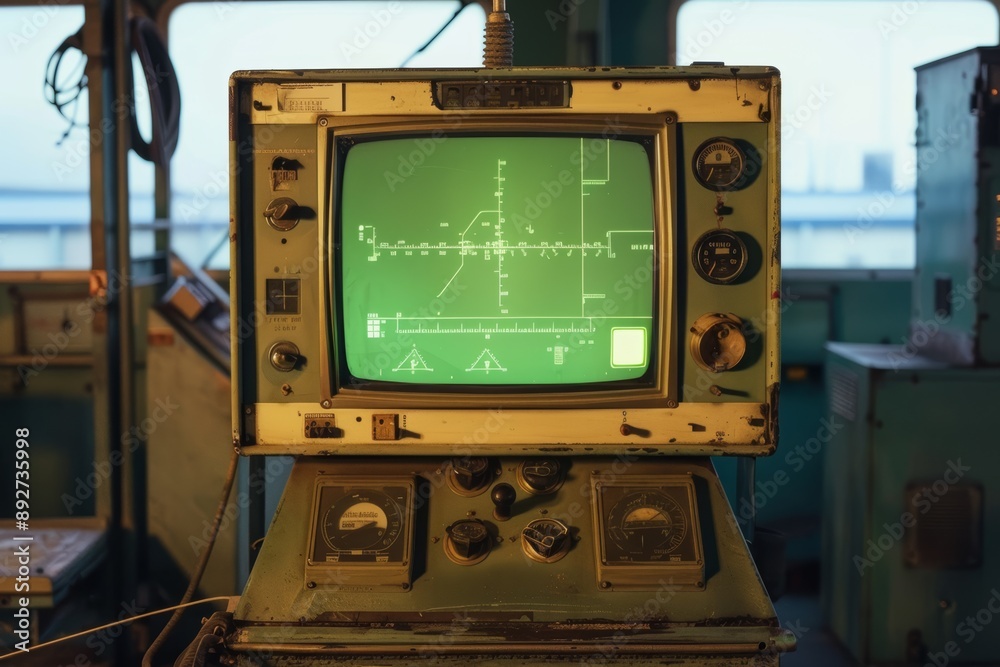A vintage radar screen with knobs and dials displays a navigational or ...