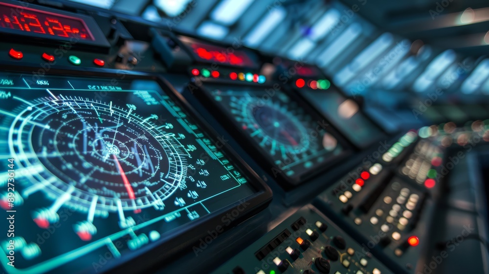 Foto de A close-up view of multiple radar screens and control panels ...