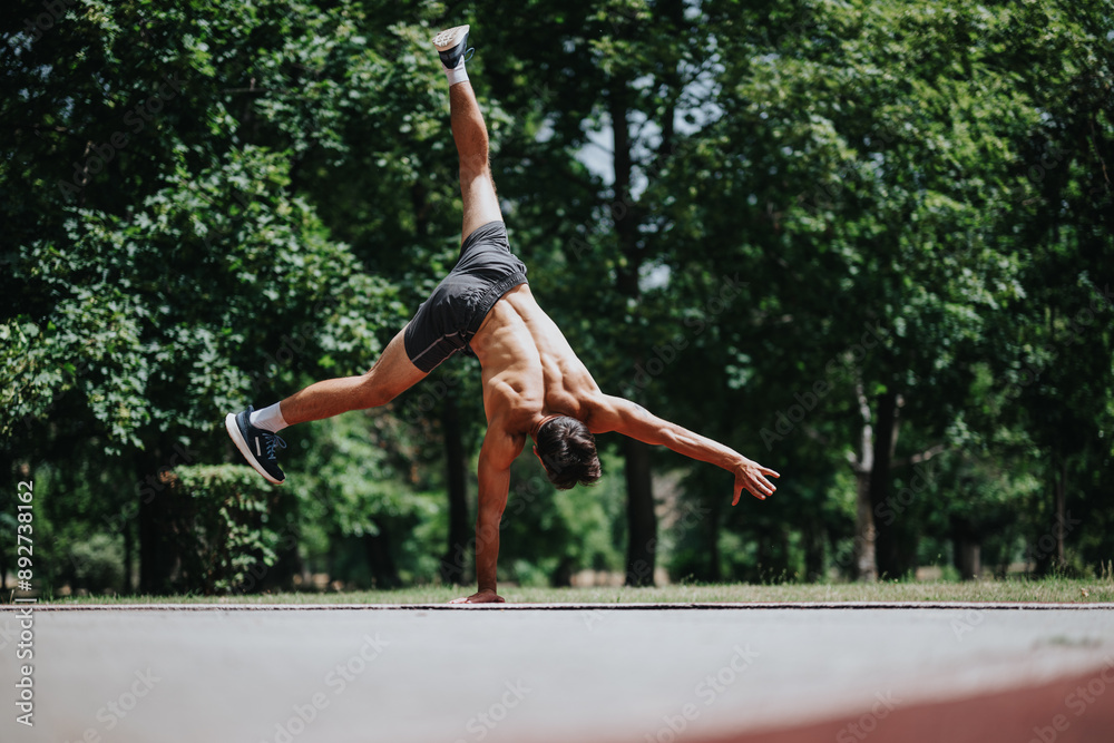 Athletic shirtless man performing a one-handed handstand outdoors in a ...