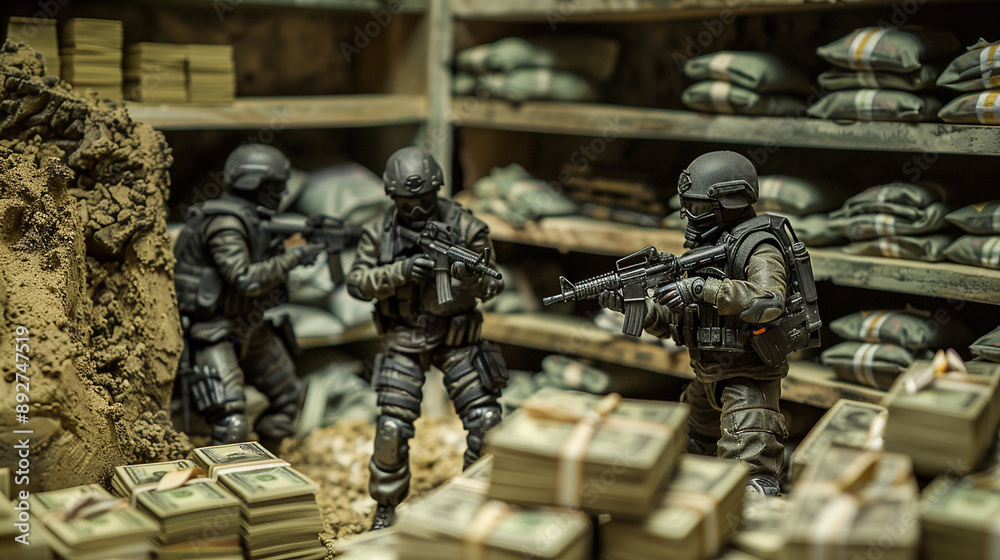 Foto de Military operatives in full gear conducting a raid in a warehouse filled with stacks of ...