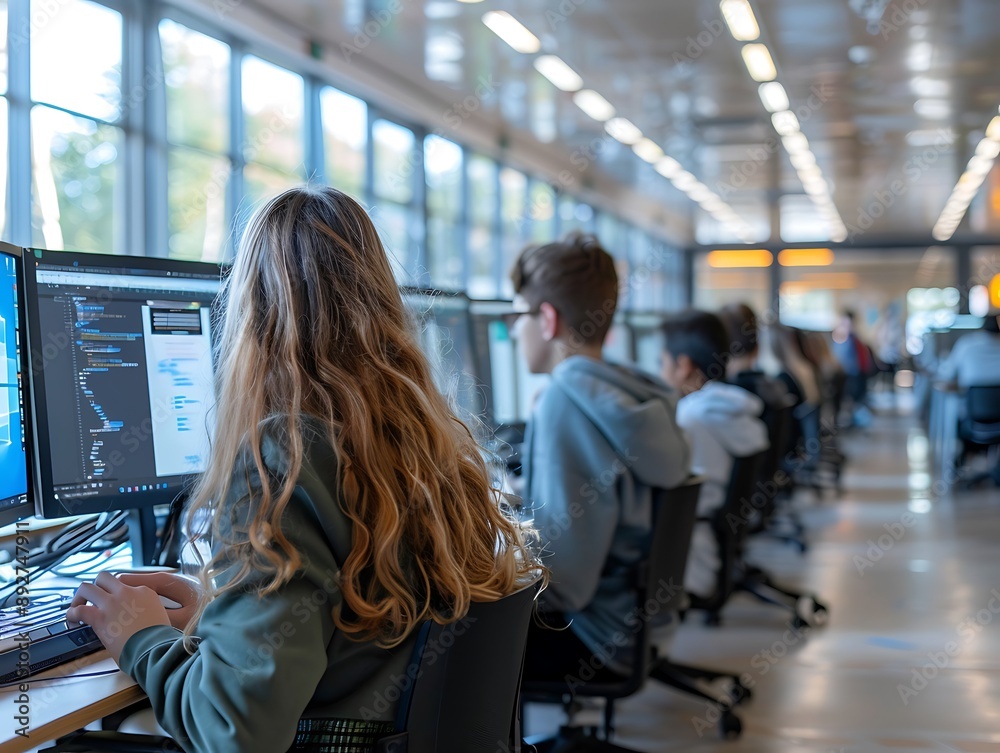 Computer lab in a school setting with students working on computers ...