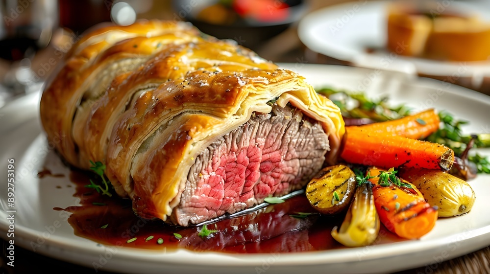 A gourmet plate of beef Wellington with a golden, flaky crust, served ...