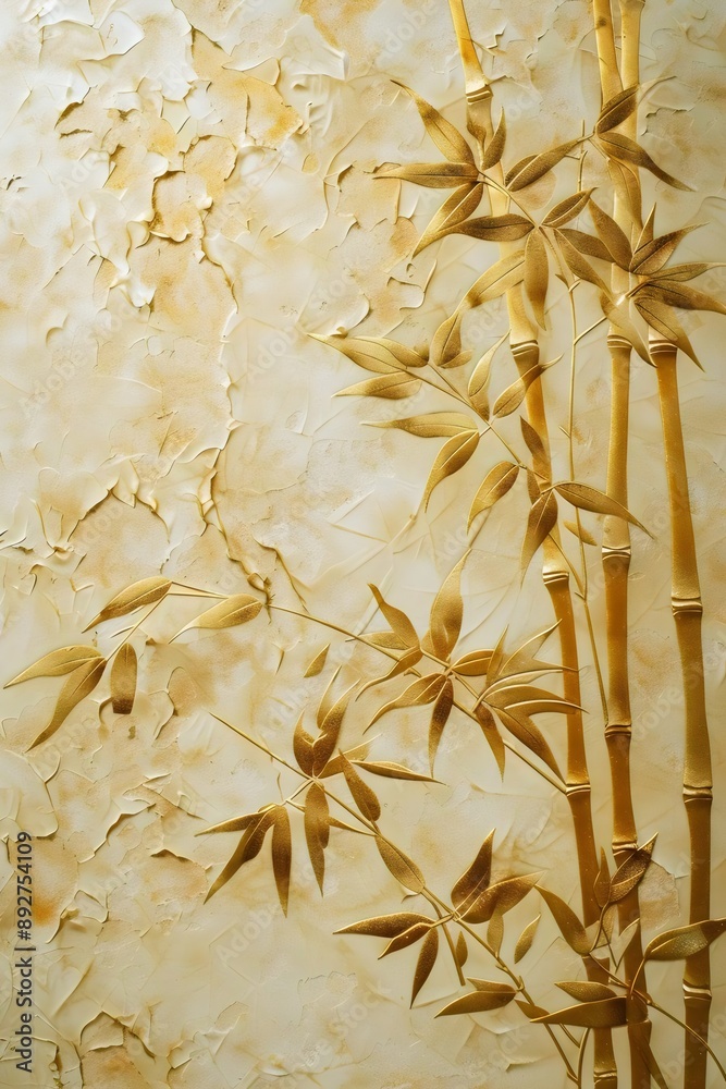3D relief of sculptured stucco artwork of bamboo shoots: golden bamboo ...