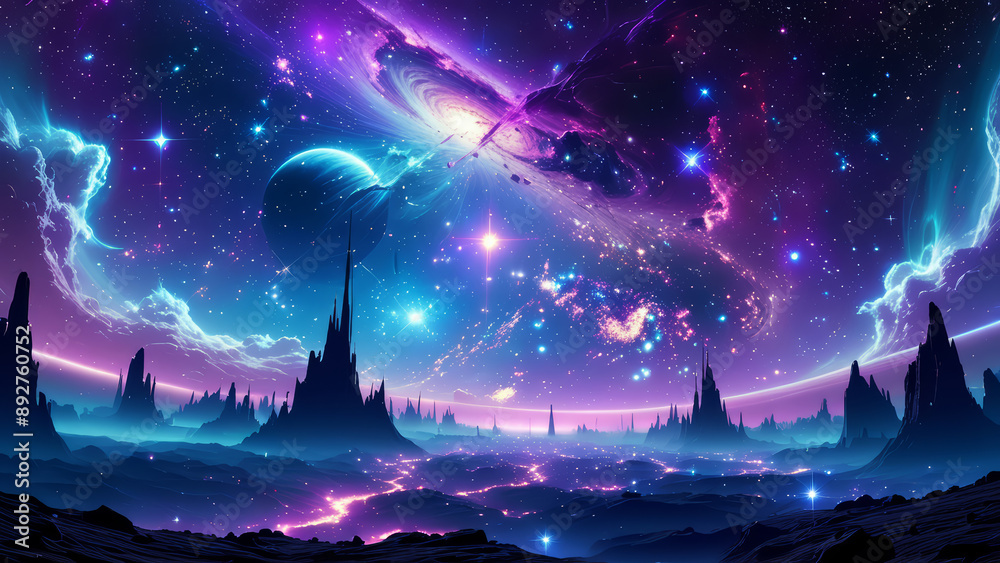 Magic galaxy city in fantasy world, Purple night cosmic sky, glowing ...