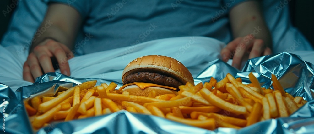 A person lying in bed surrounded by fast food wrappers, unhealthy ...