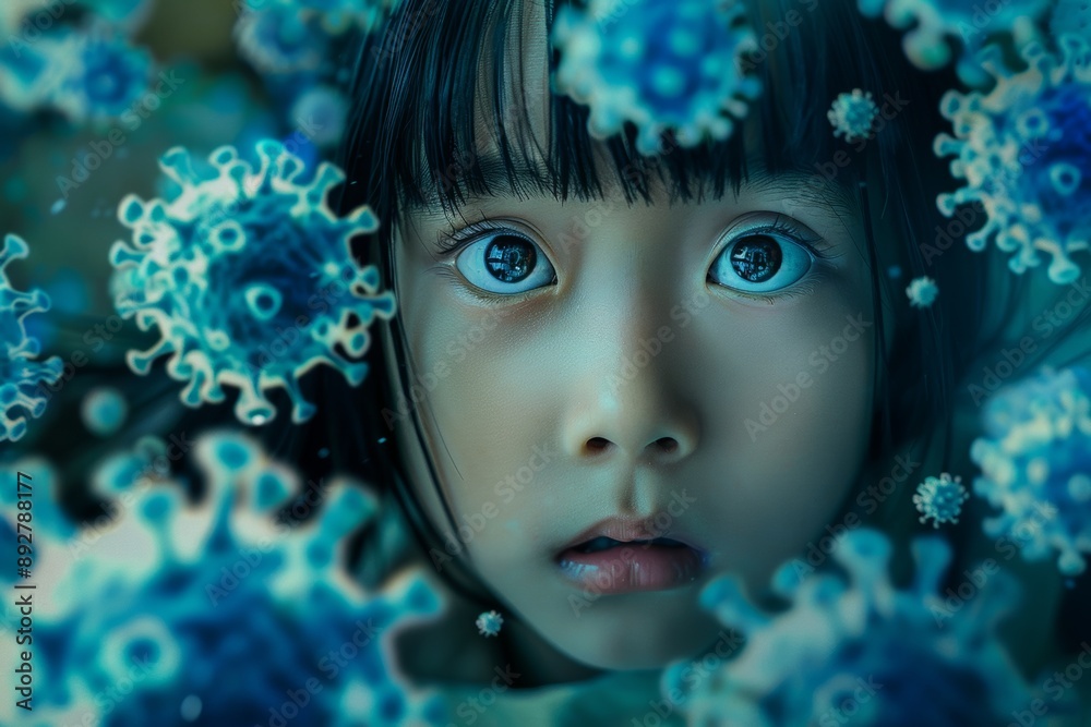 Girl's timid glance conveys unspeakable fear and unease. Her face shows ...