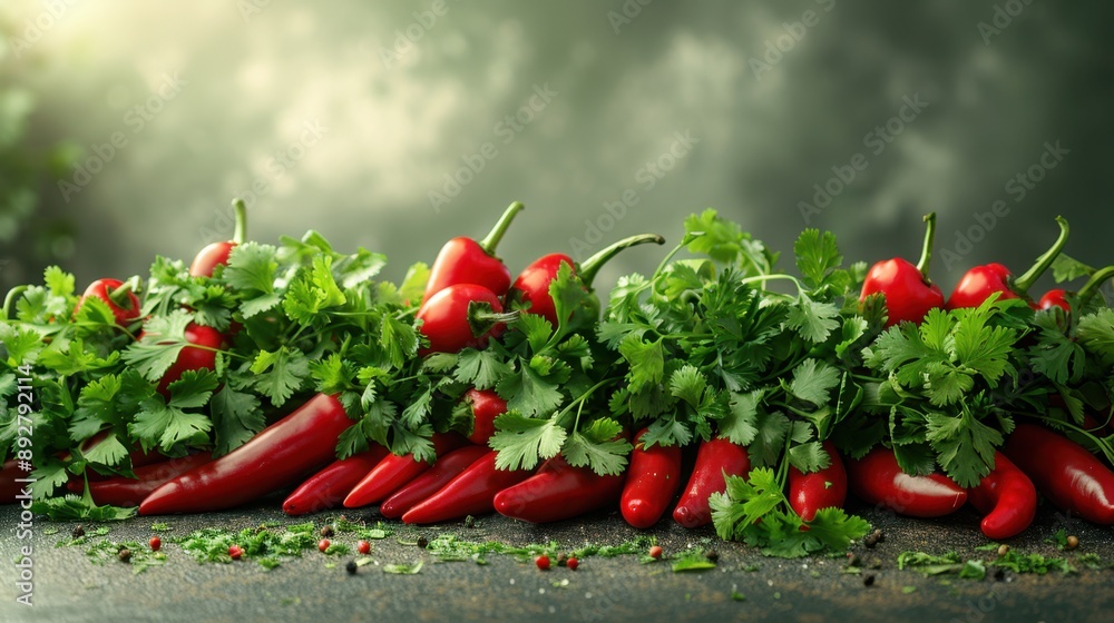 Beautiful chili pepper flatlay kitchen counter scene in warm rich and ...