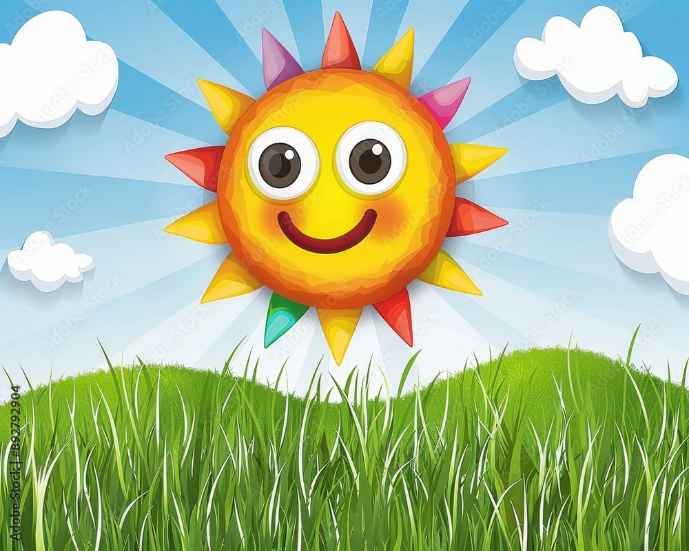 Cheerful Cartoon Sun with a Smiling Face Over Green Grass and Blue Sky ...