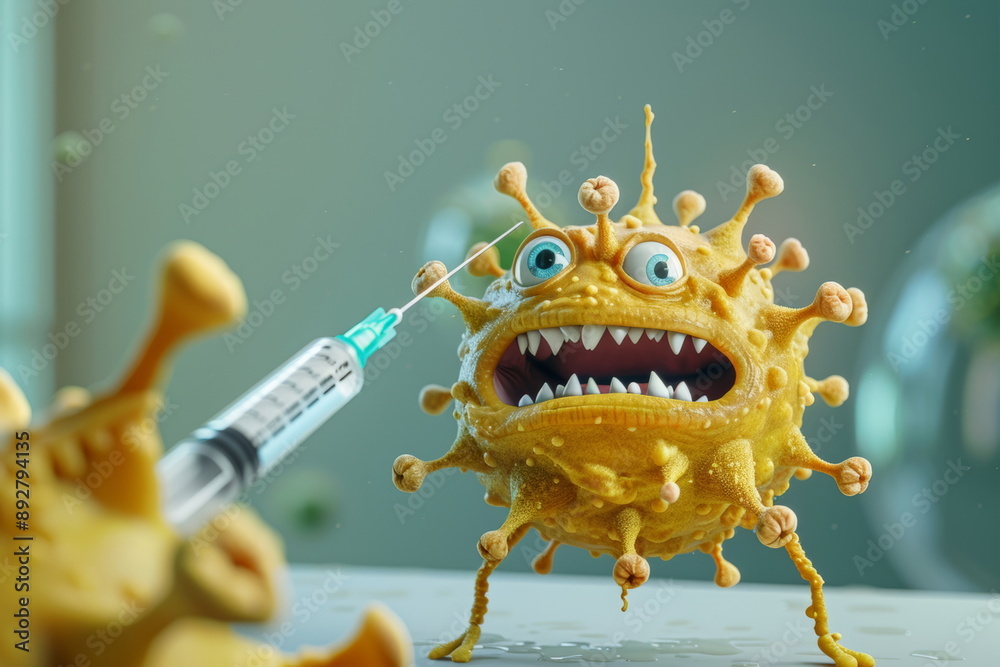 Cartoonish virus figure displays raw fear tension-filled moment ...