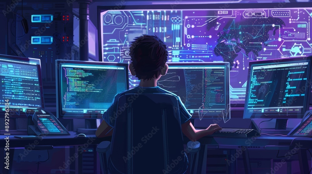 Young Prodigy Debugging Code in High-Tech Room with Multiple Screens and Complex Algorithms ...