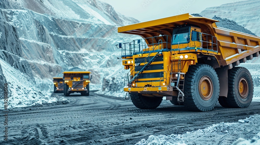 Hauling ore in a huge dump truck over the terraced paths of a deep open ...