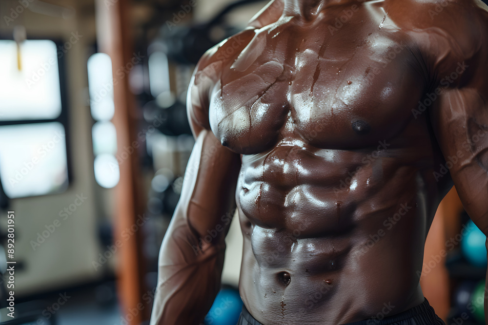 Close-up of a bodybuilder's chiseled torso displaying well-defined abs ...