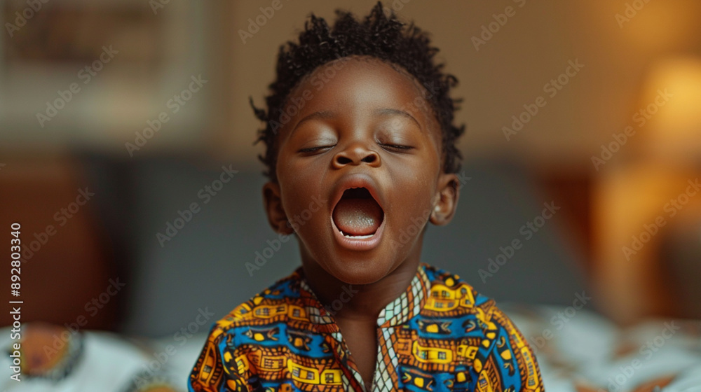 little tired black cute boy in Sleeping suit waking up in the moring ...