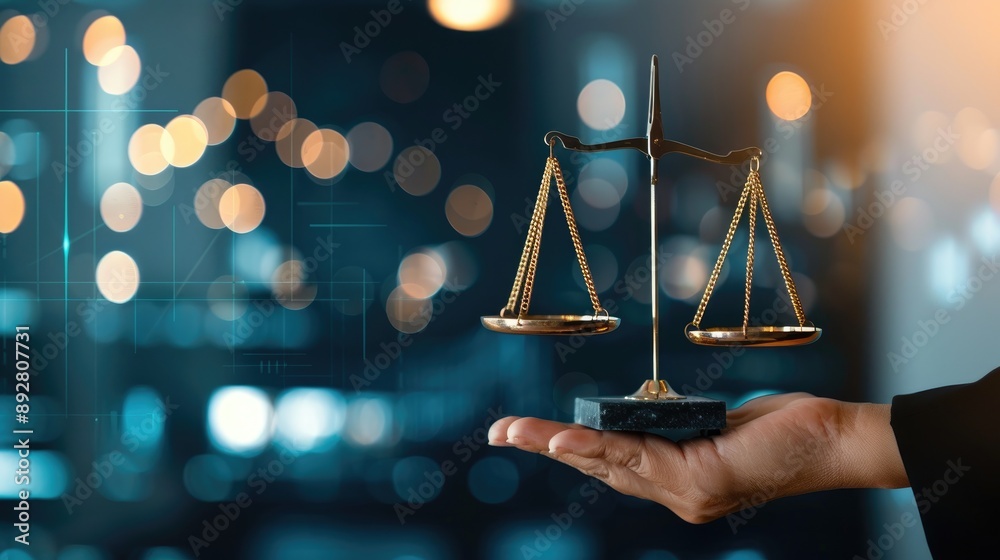 A hand holding a balanced scale with a blurred background of colorful ...