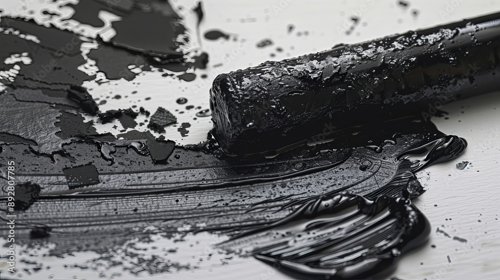 Wet, dark ink residue from a linocutting process, captured in a photo ...