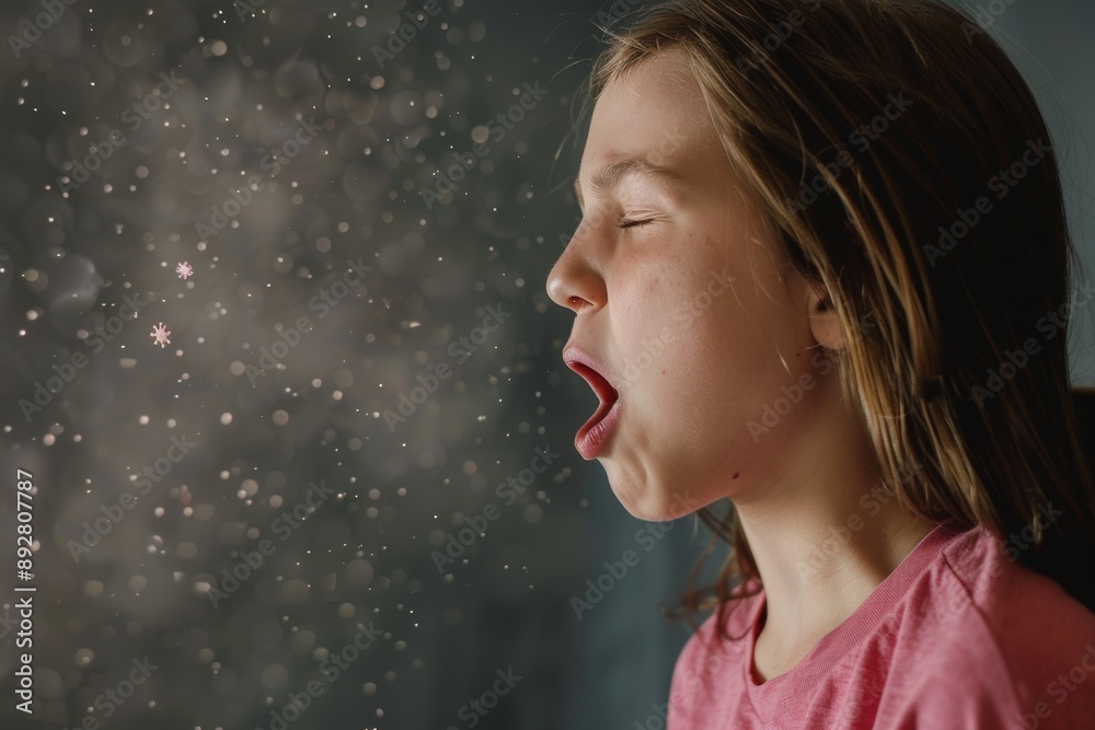 Health-related image showing girl sneezing and spreading germs. White ...
