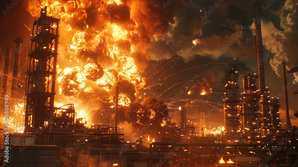 Dramatic scene of a catastrophic explosion at an oil refinery,leading ...