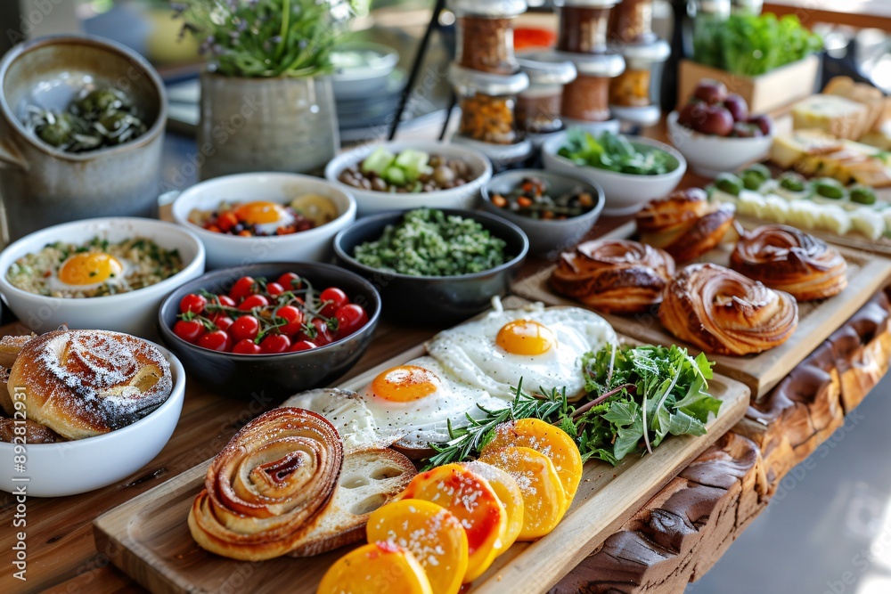 Brunch spread with a variet of dishes pastries. Village Breakfast with ...