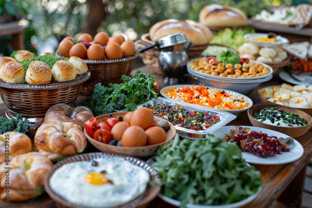 Brunch spread with a variet of dishes pastries. Village Breakfast with ...