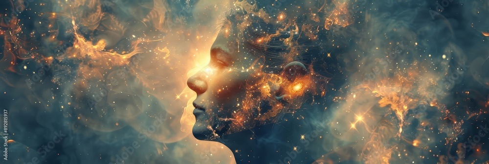 Surreal double exposure image depicting the celestial realm of the gods ...