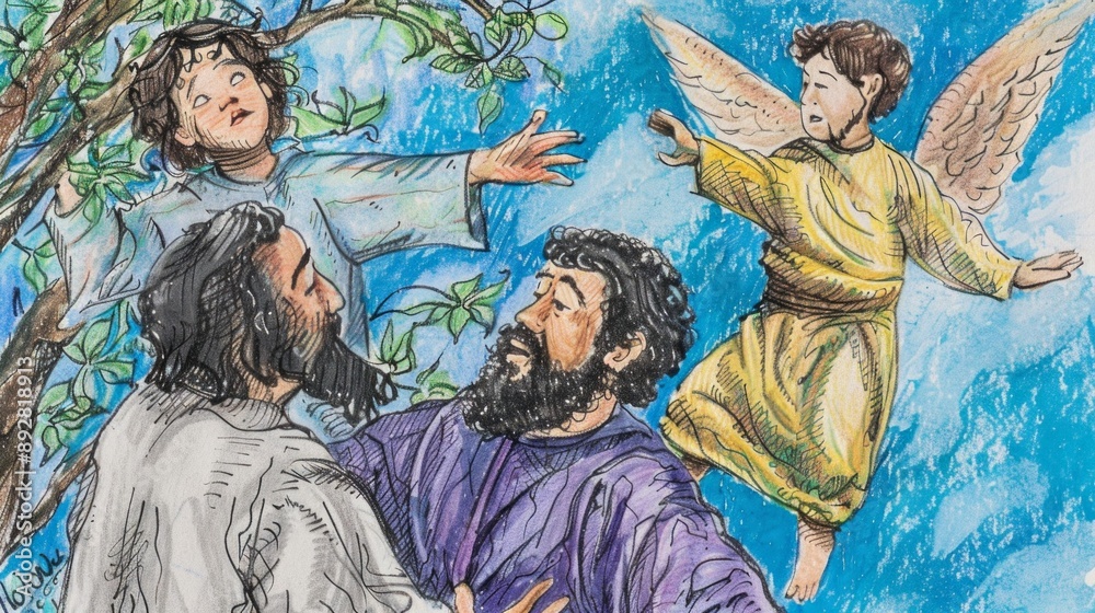 angel descends from heaven, wings spread, to stop Abraham from ...