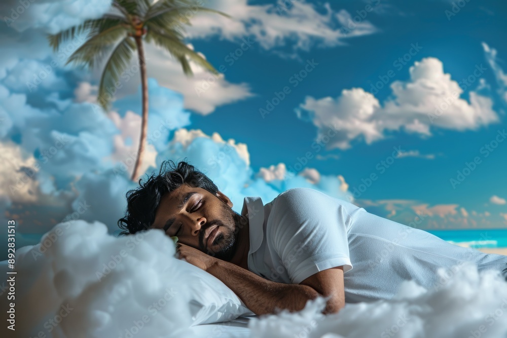 Rejuvenated deep sleep indian man dreams his restful bed. Middle-aged ...