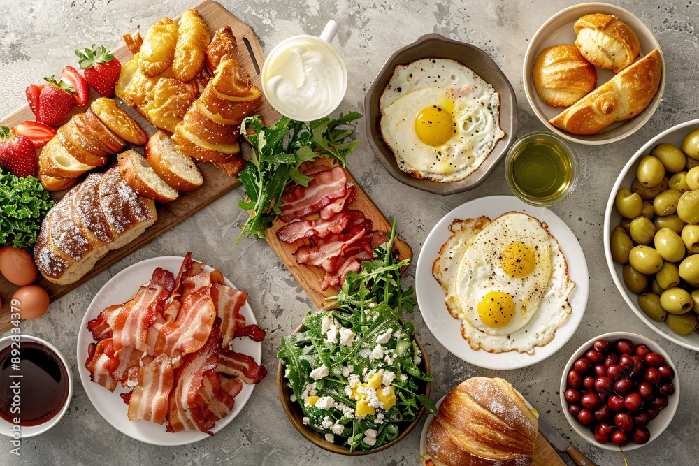 Brunch spread with a variet of dishes pastries. Village Breakfast with pastries, vegetables ...