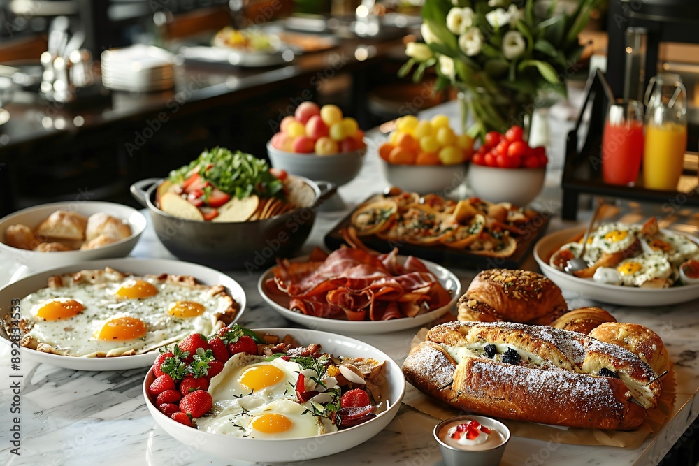 Brunch spread with a variet of dishes pastries. Village Breakfast with ...