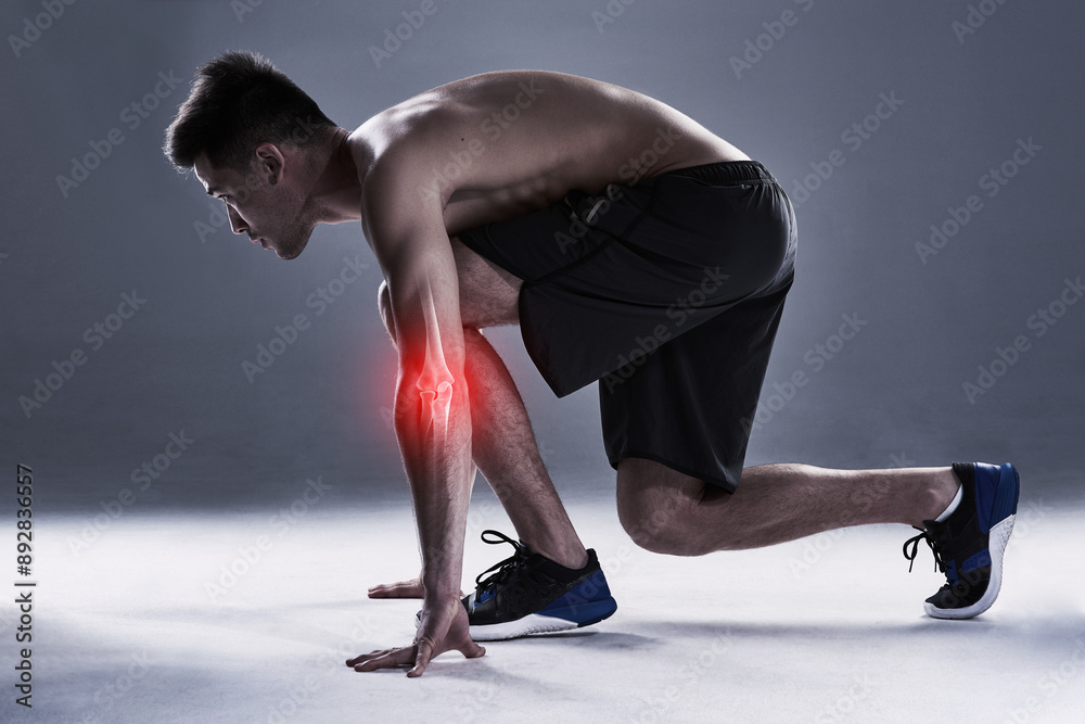 Man, elbow and injury of exercise in studio, arm anatomy and xray for ...