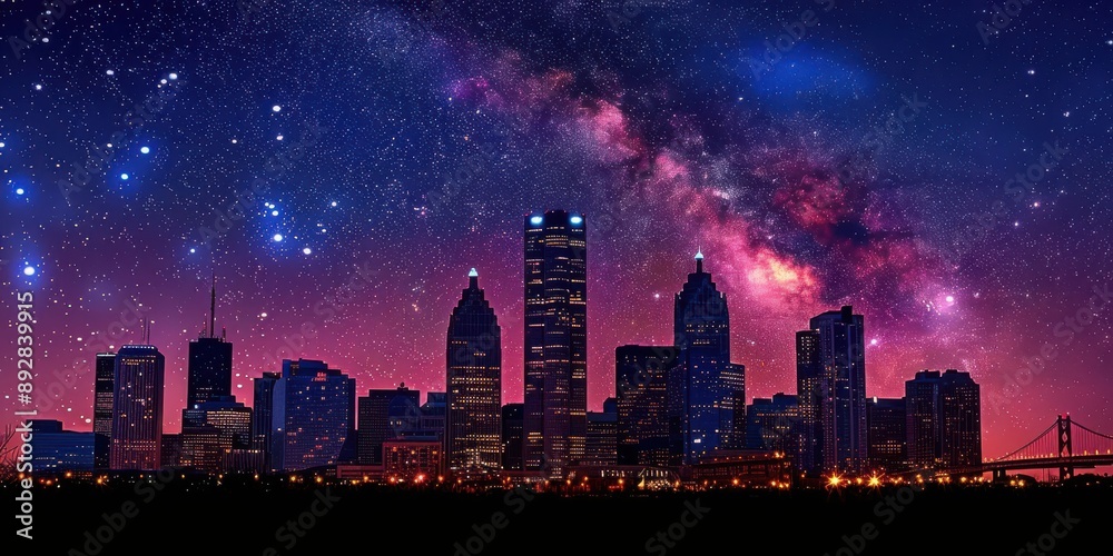 Captivating city skyline at night adorned with a plethora of stars and ...