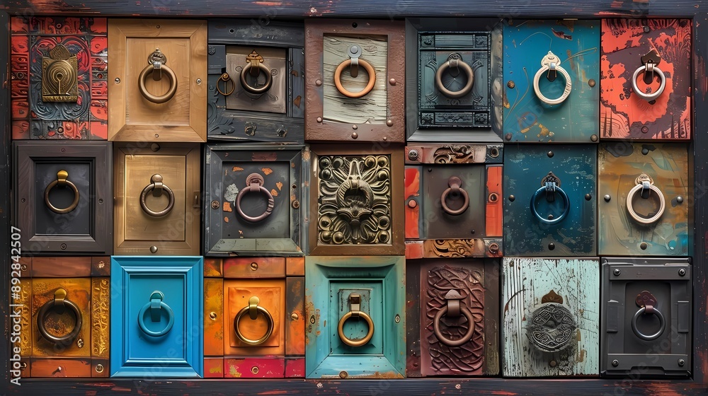 An array of colorful door knocker artwork arranged in the shape of ...