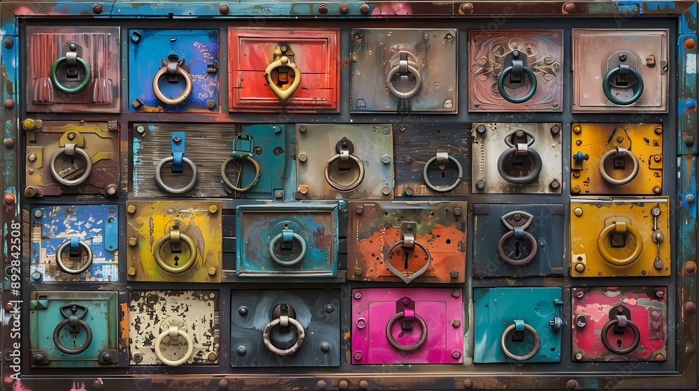 An array of colorful door knocker artwork arranged in the shape of ...