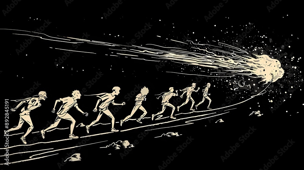 Abstract black background, white line art depicting people running ...