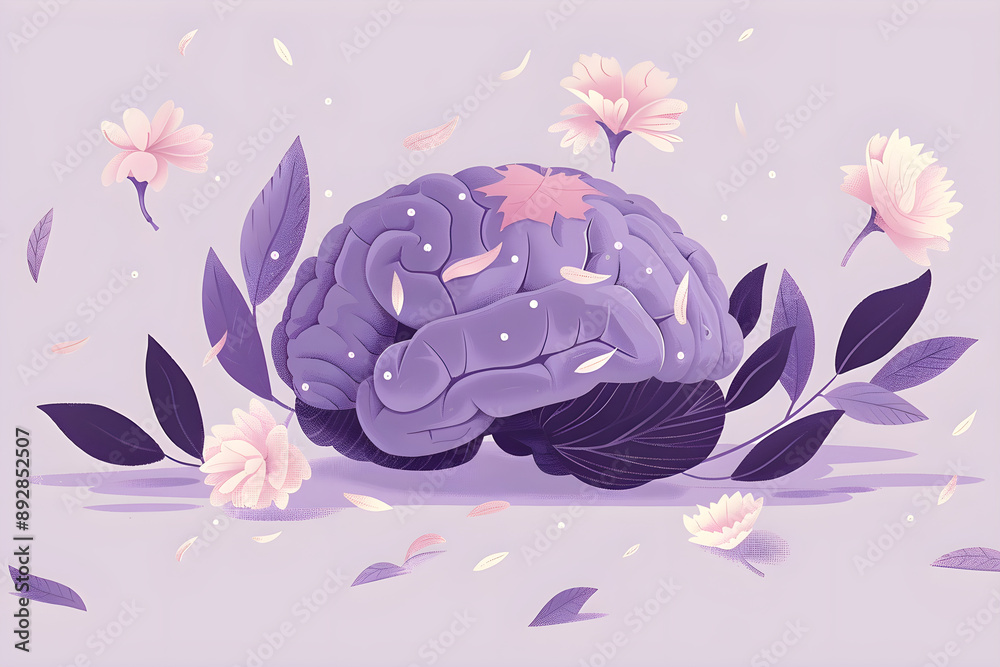 llustration of human brain in leaves and flowers on purple background ...