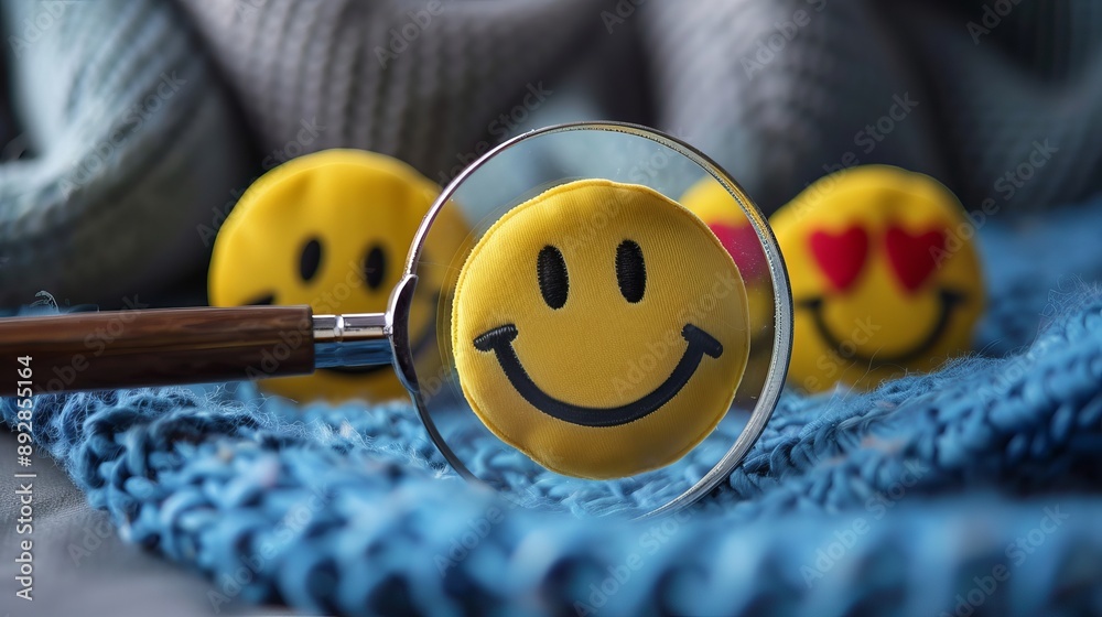 A smiley face inside a magnifying glass, accompanied by a love icon ...