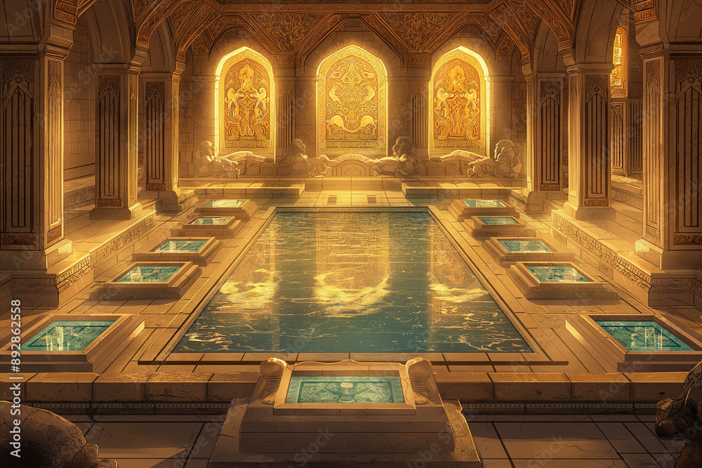 The lavish Persian bath house at Persepolis, glowing in a warm, golden ...
