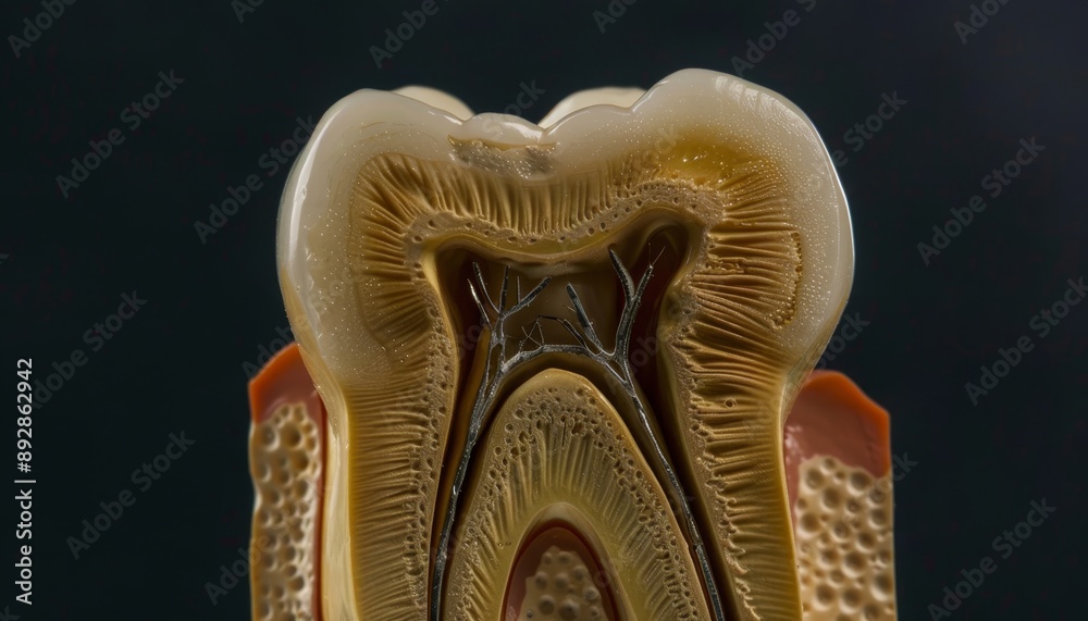 Detailed cross section of a tooth revealing internal structure in a ...