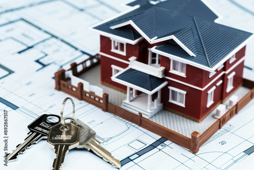 Real estate business concept house keys by one story house in well ...