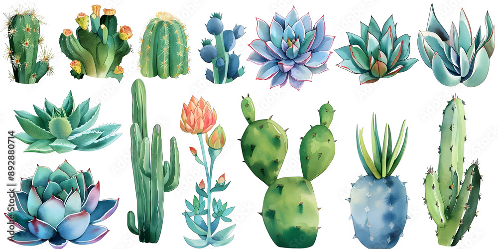 Cactus and succulents in pots, clipart set, illustration in watercolor ...