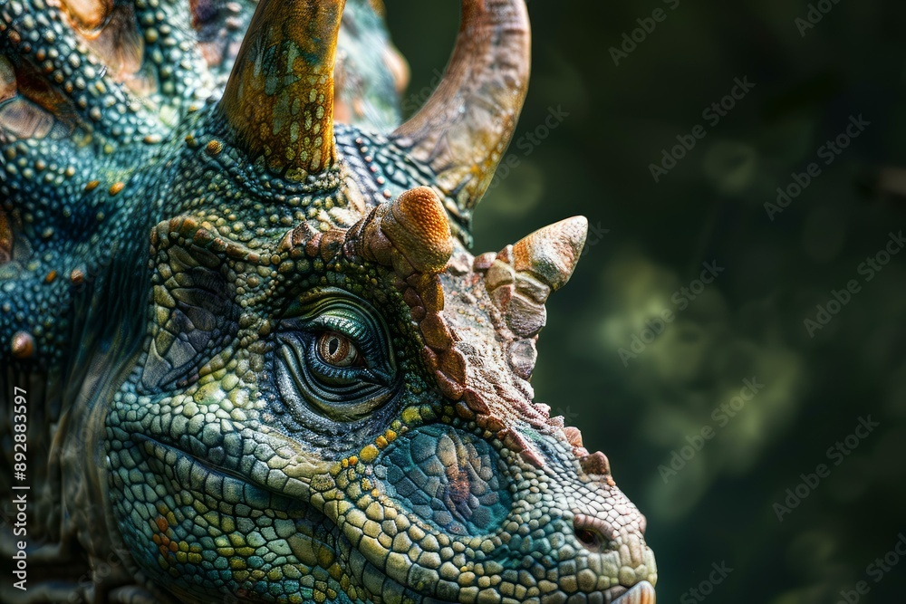 Closeup macro photography of a detailed triceratops sculpture model ...