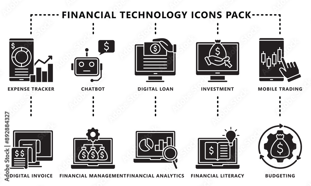 Financial technology black outline icons pack, contain investment ...
