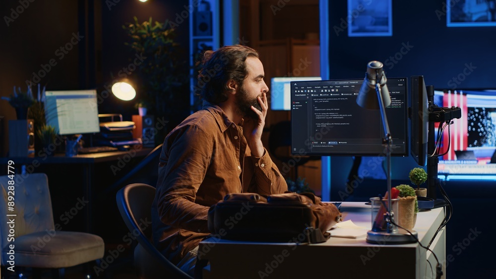 Freelancing system administrator arriving in personal office at home ...