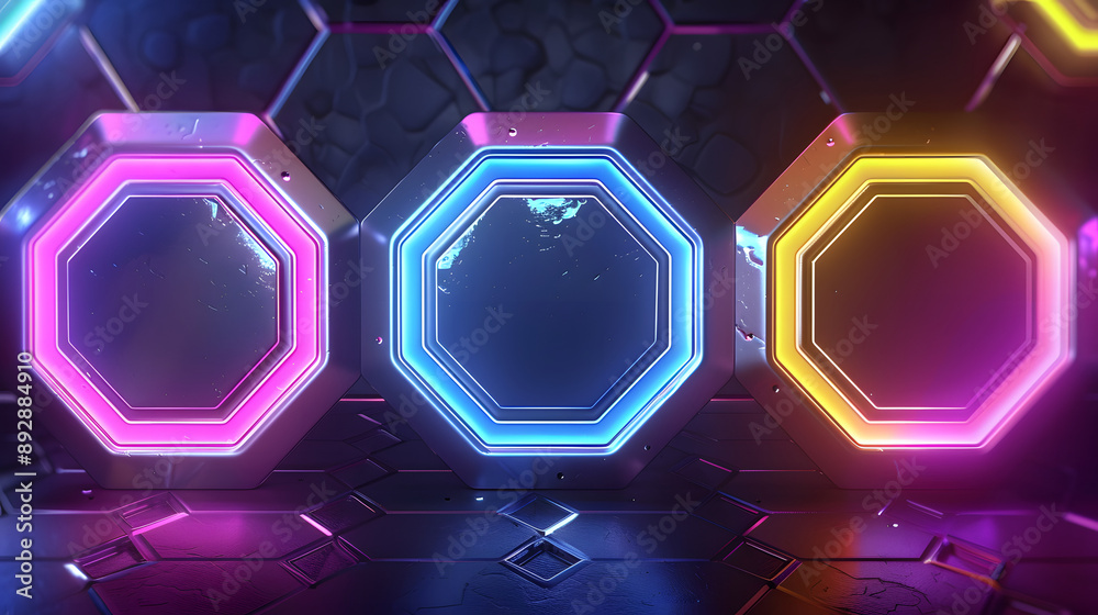 Animated sci fi neon game rank avatar metal hexagon frame modern set ...