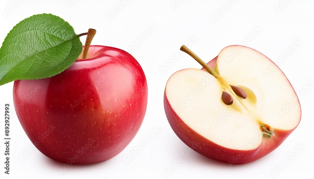 red apple with a half isolated apples with green leaf on white ...
