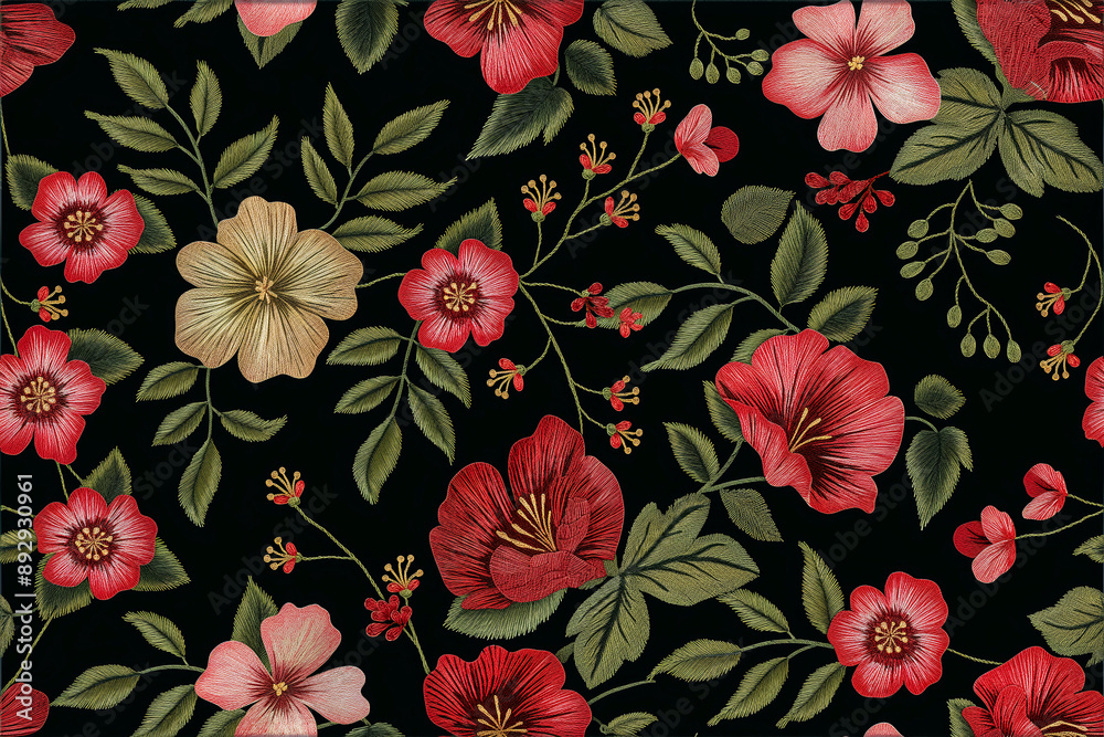 Seamless red floral embroidery pattern on black fabric background ...