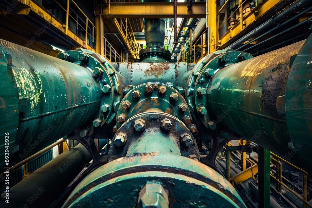 Large metal pipelines with bolts and flanges in an industrial plant ...