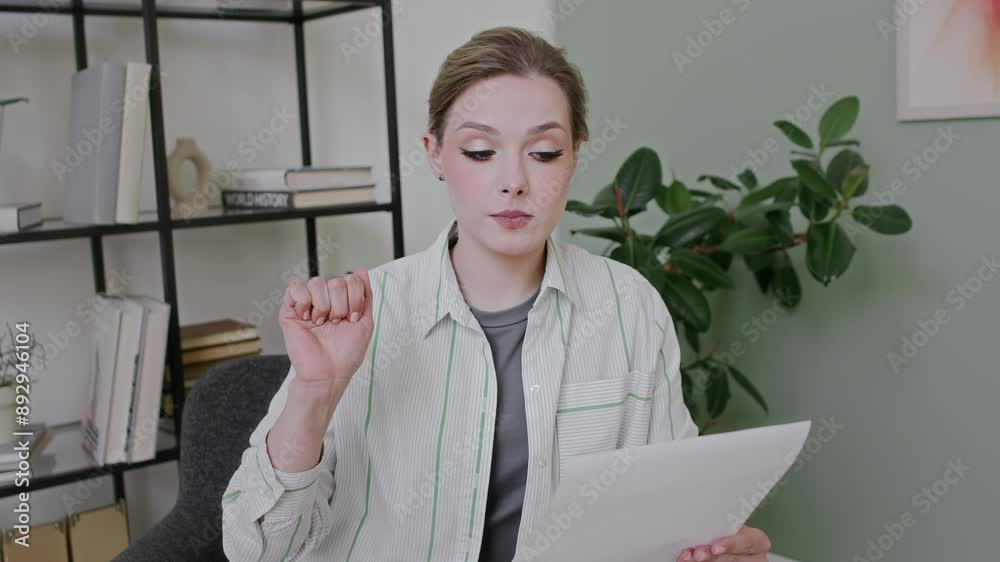 Medium tilt portrait of beautiful young Caucasian female sign language ...