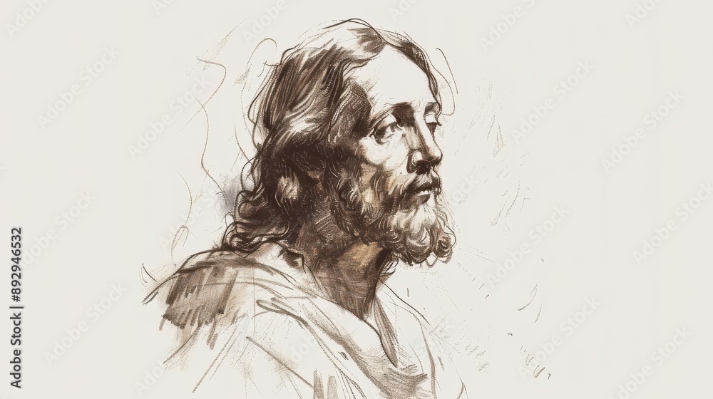 ethereal sketch of jesus christ with contemplative expression on white ...