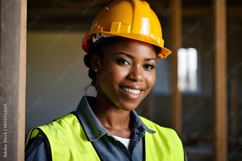 Happy black African American female construction worker, professional ...
